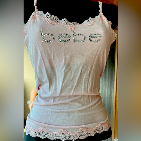 bebe | Tops | Bebe Pink Top Embellished Logo Sleeveless Lace Top Cami ...